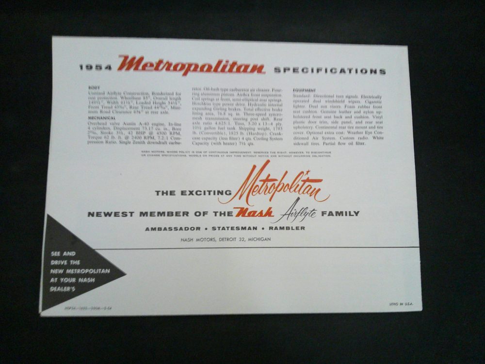 1955 Hudson Metropolitan Sales Folder | Merrick Auto Museum