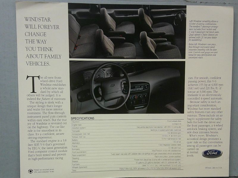 1995 Ford Windstar Sales Sheet | Merrick Auto Museum