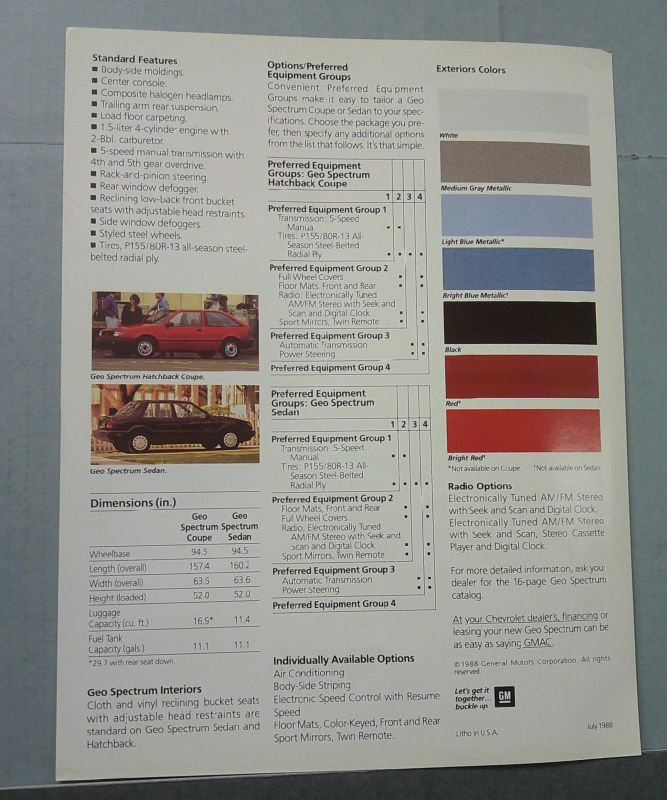 1989 Geo Spectrum Sales Sheet | Merrick Auto Museum