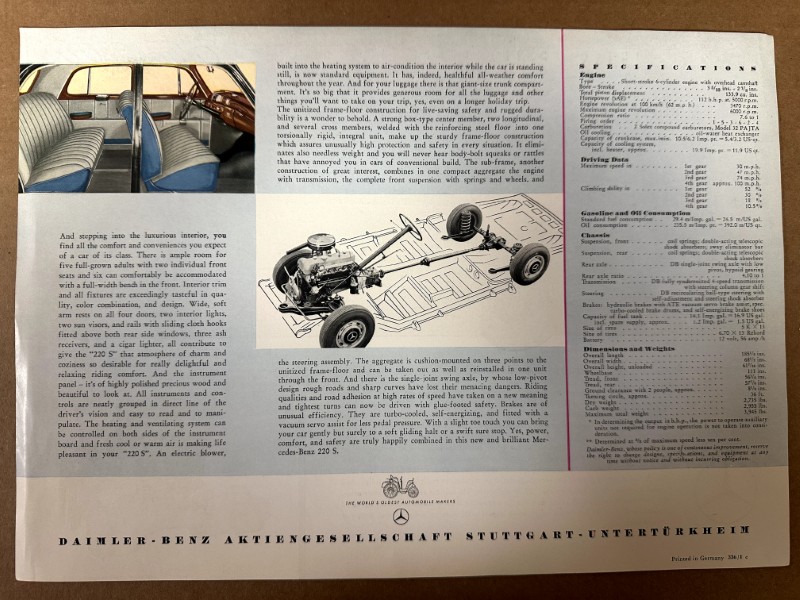 1956 Mercedes Benz Type 220S, Sales Sheet | Merrick Auto Museum
