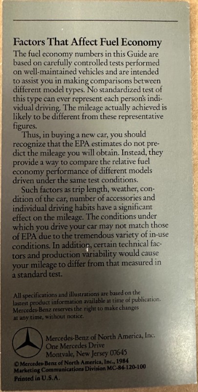 1985 Mercedes Benz EPA Mileage guide, Brochure | Merrick Auto Museum
